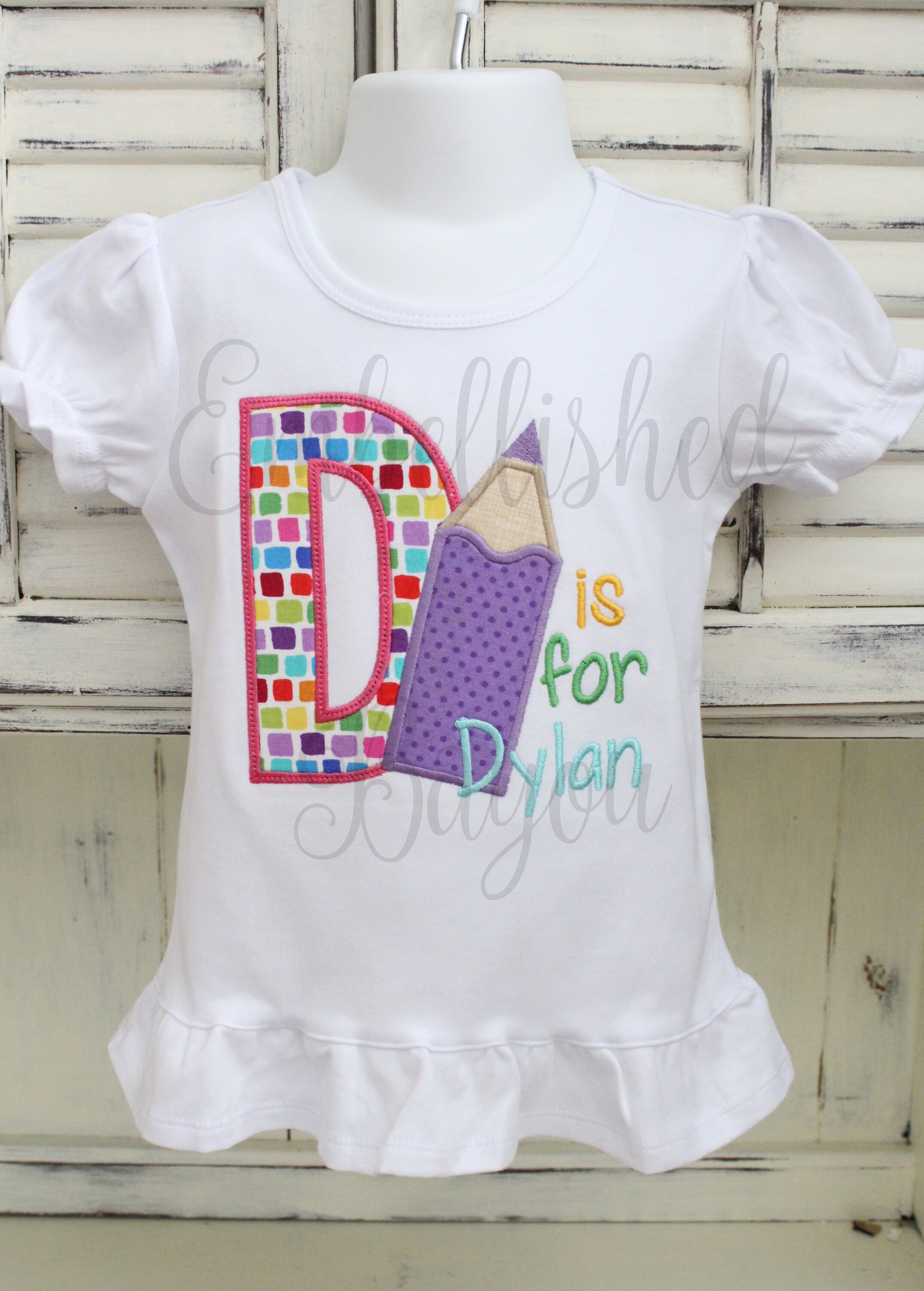 Back to School T-shirt Applique Initial With Colored Pencil and Name ...