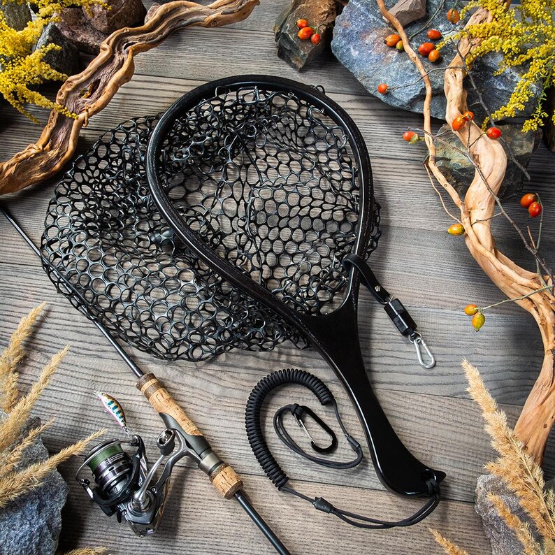 KIT: Black Edition walnut/short Landing Net/magnet Holder & Secure Lace ...
