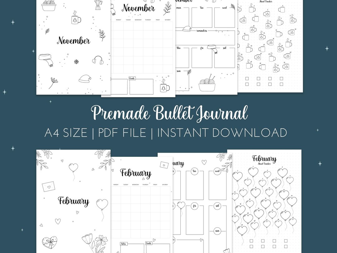 Premade Bullet Journal Template - Outlined to Be Filled in | 12 Monthly ...