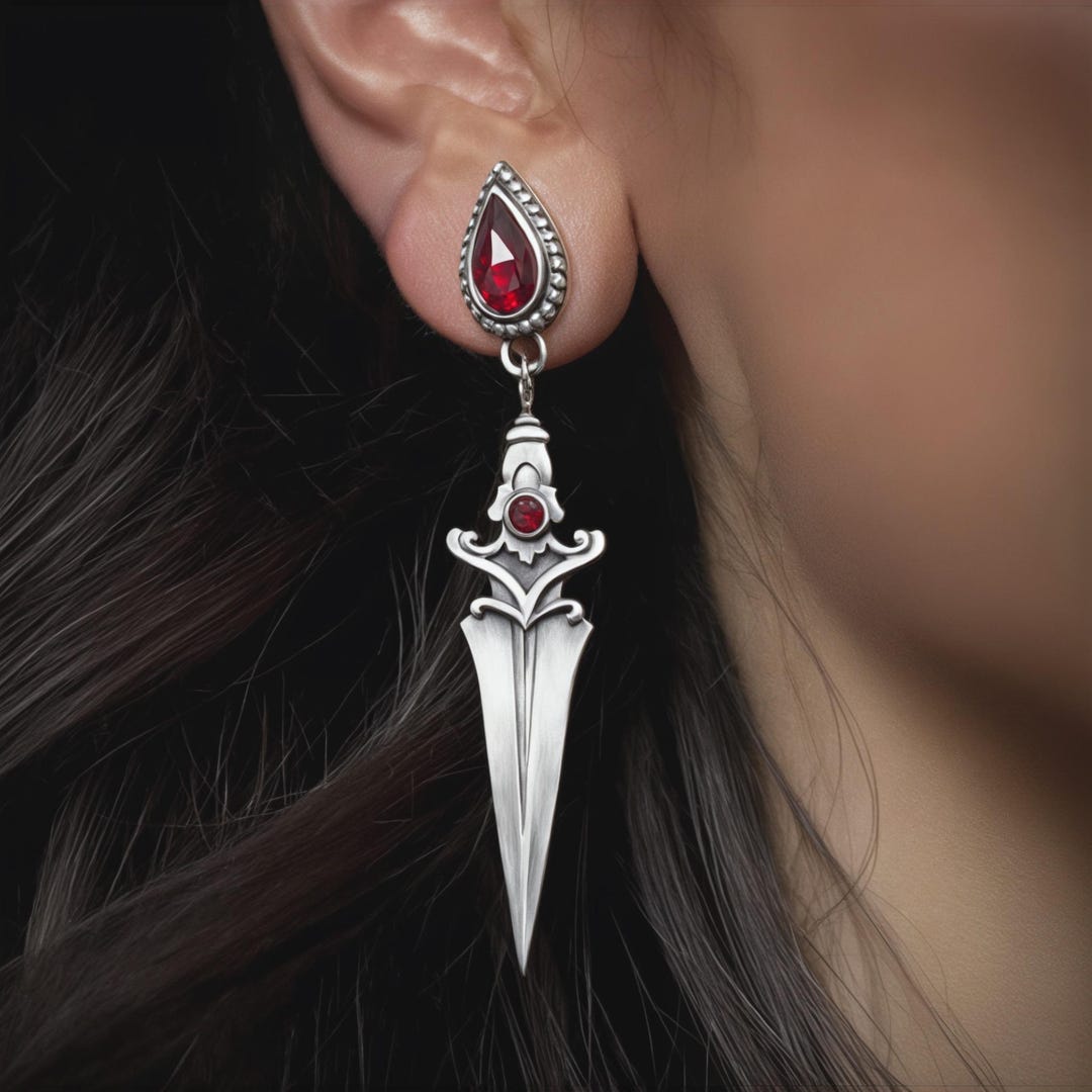 Vintage Medieval Gothic Sword Drop Earrings Red Stone Dangle Earrings ...