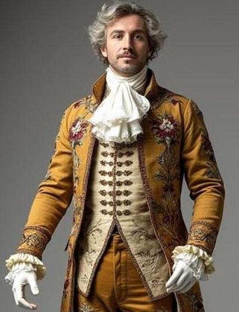 Men Customized Rococo Costume 3PC: Mustard Silk Floral Embroidered ...