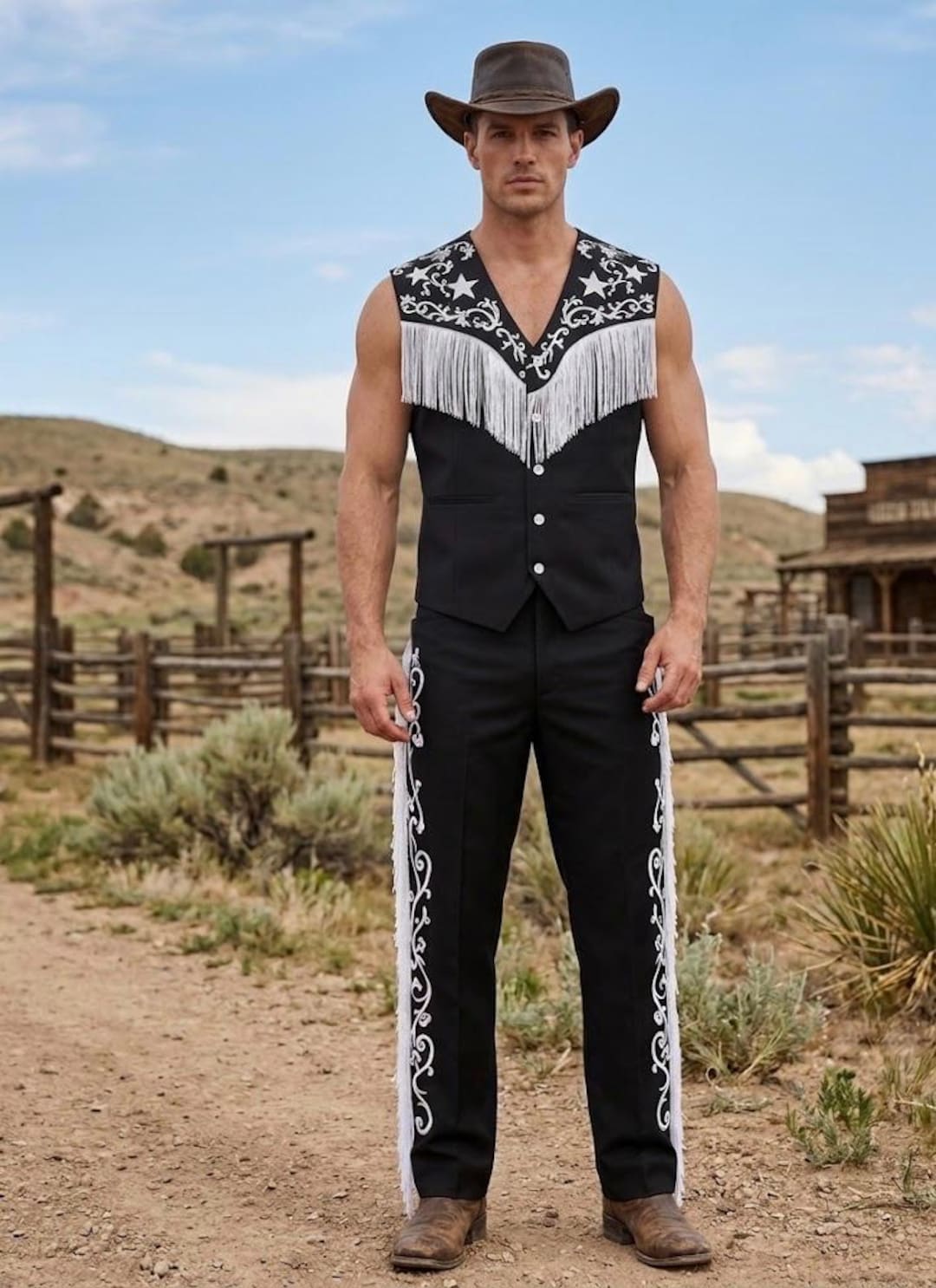 Men Black 2pc Country Western Embroidered Vest With Fringe Matching ...