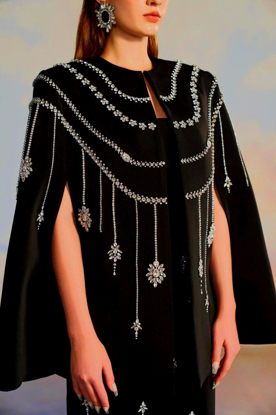 Black Custom Satin Cape Silver Stone Embellished Cape Dress Wedding ...