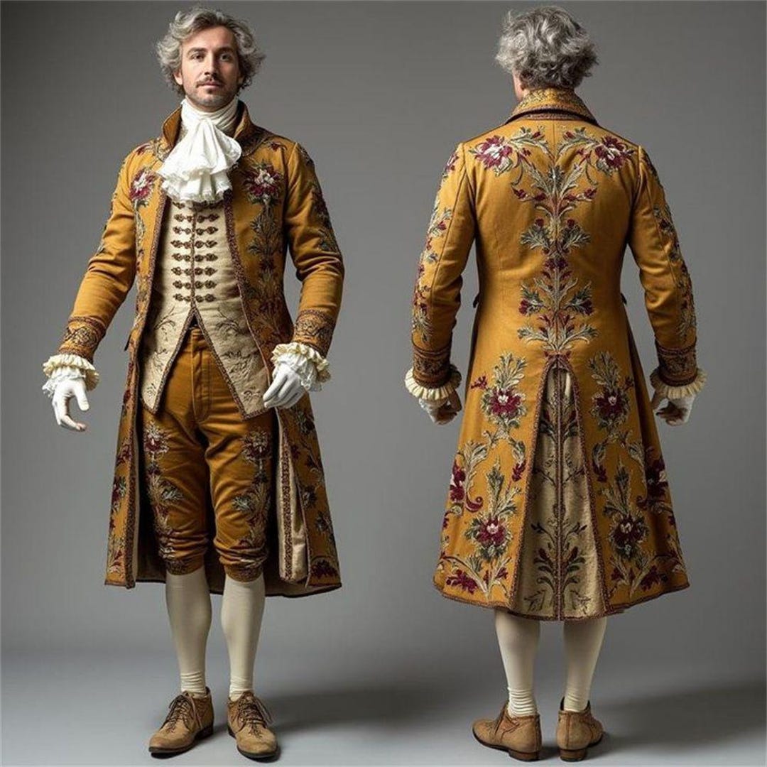 Men Customized Rococo Costume 3PC: Mustard Silk Floral Embroidered ...