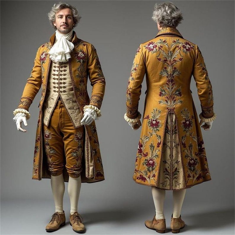 Men Customized Rococo Costume 3PC: Mustard Silk Floral Embroidered ...
