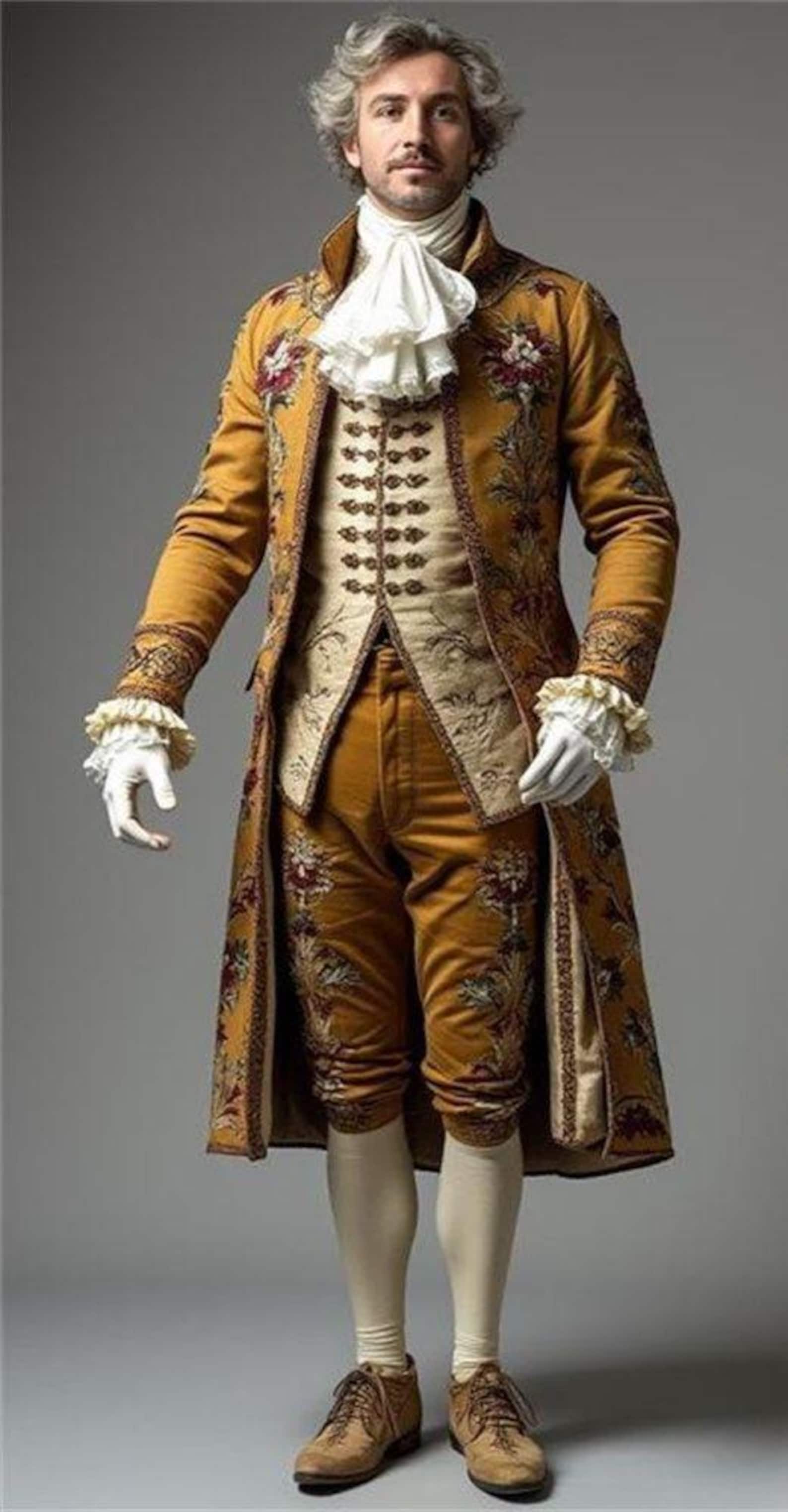 Men Customized Rococo Costume 3PC: Mustard Silk Floral Embroidered ...