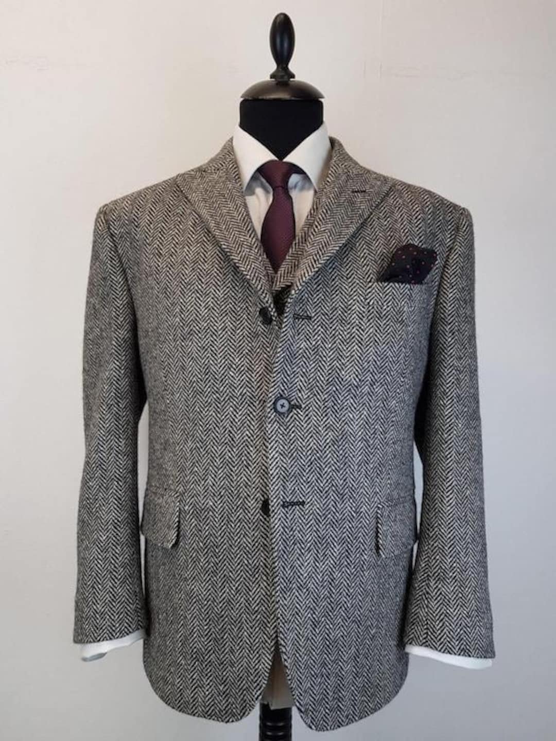 Men Customized Grey Herringbone Wool 3 Piece Suit Winter Formal Suit ...