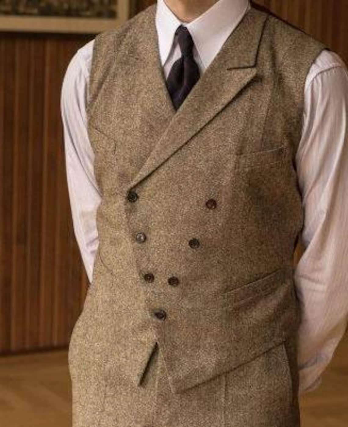 Customized Brown Wool Men Vintage Suit Double Breasted Vest & High ...