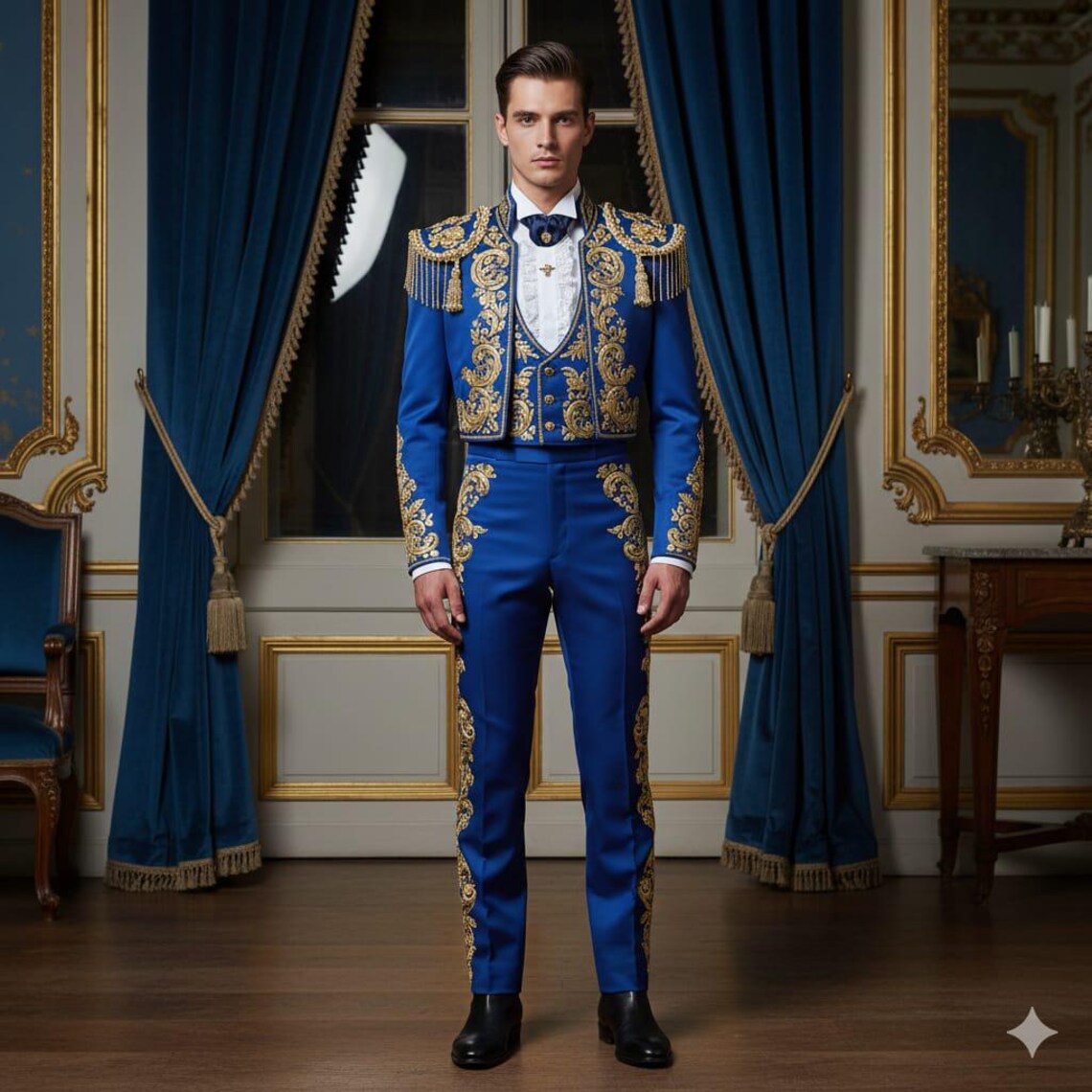 Men Blue 3-piece Matador Suit Custom Spanish Bullfighting Costume Gold ...