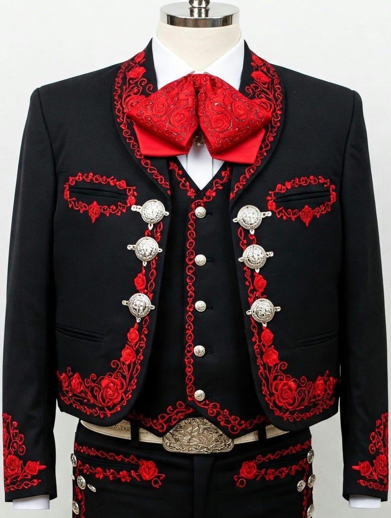 Men's Customized Black Floral Embroidered Mariachi 3-piece Charro Suit ...