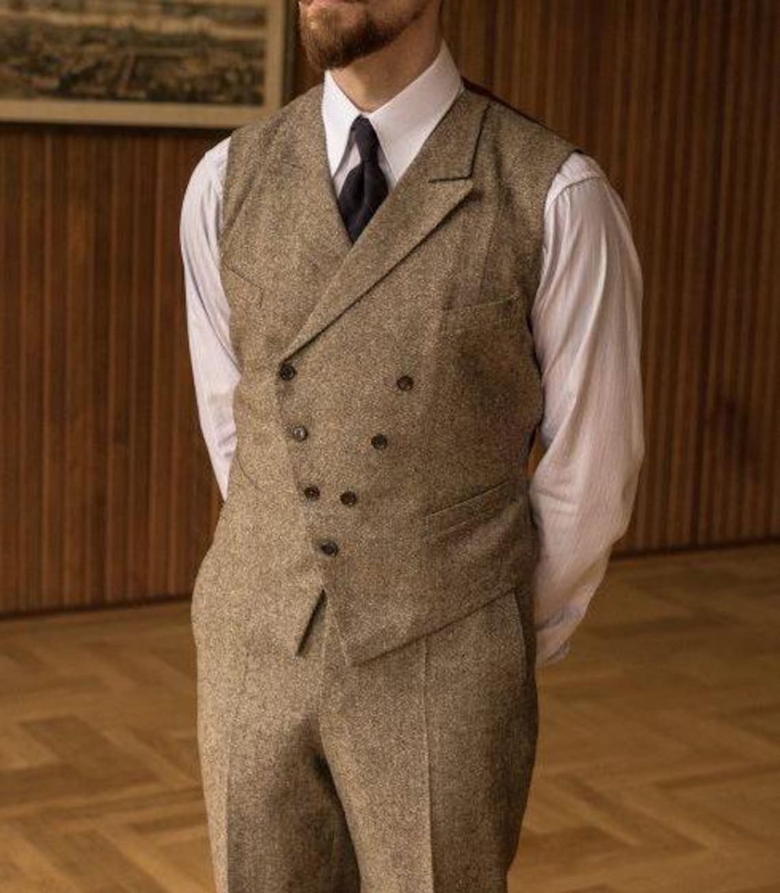 Customized Brown Wool Men Vintage Suit Double Breasted Vest & High ...