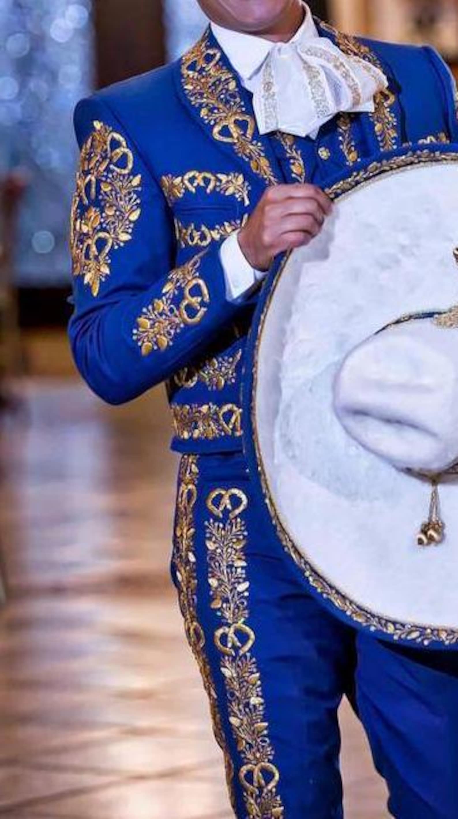 Men Customize Blue Cotton, Gold-embroidered Mariachi 3-piece Charro ...
