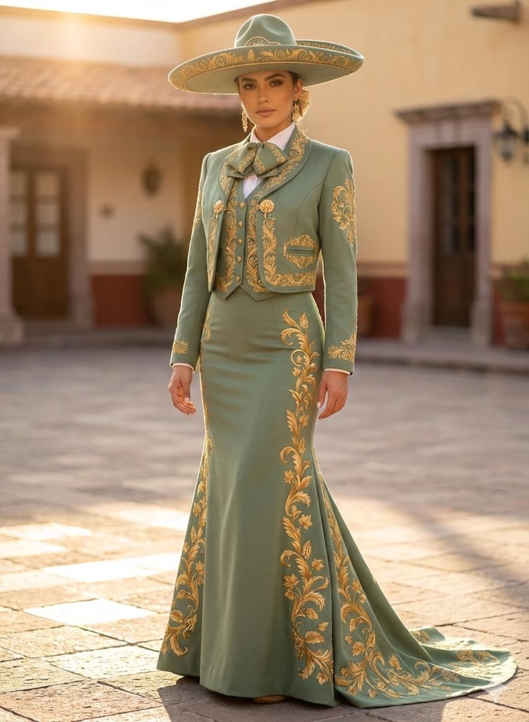 Women Sage Green 3 Piece Mariachi Embroidered Dress Mexican Charro ...