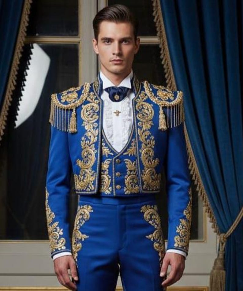 Men Blue 3-piece Matador Suit Custom Spanish Bullfighting Costume Gold ...