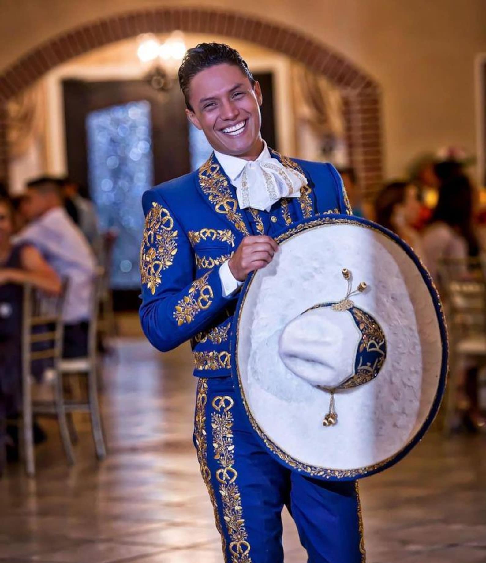 Men Customize Blue Cotton, Gold-embroidered Mariachi 3-piece Charro ...