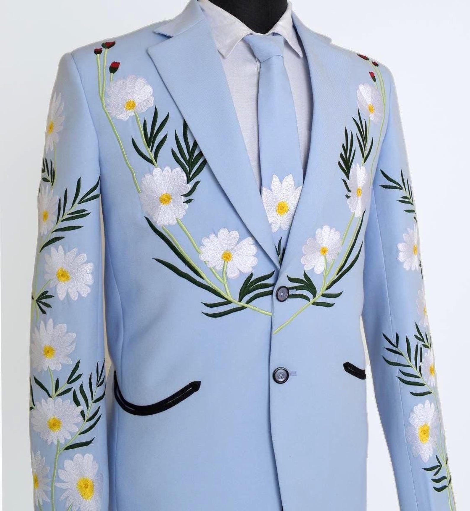 Men Customized Sky Blue 2pc Suits Wedding Western Suit Set White Floral ...