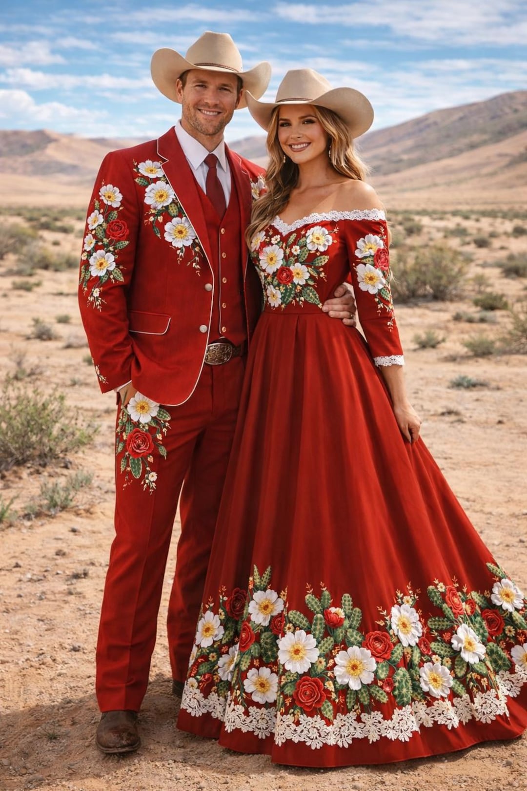Men Women Customized Red Embroidered Western Couple Matching Wedding ...