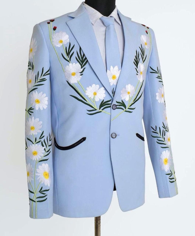 Men Customized Sky Blue 2pc Suits Wedding Western Suit Set White Floral ...