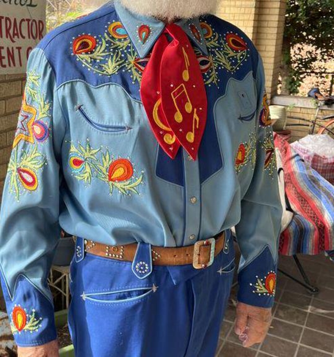 Men Customized Blue Cotton Cowboy Suit Shirt & Pant Western Floral ...