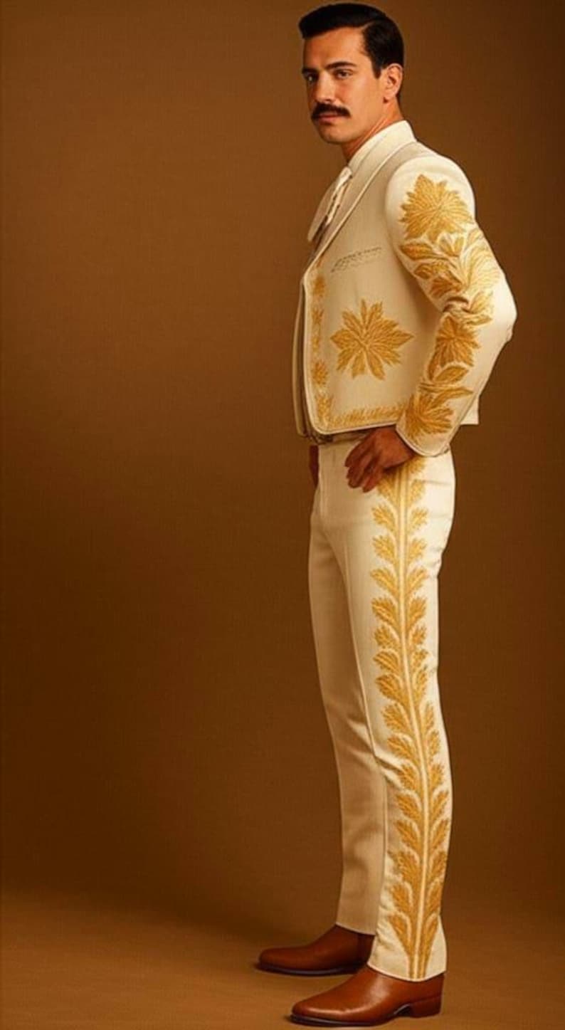 Men Ivory Custom Mariachi 3-piece Gold-embroidered Charro Suit Wedding ...