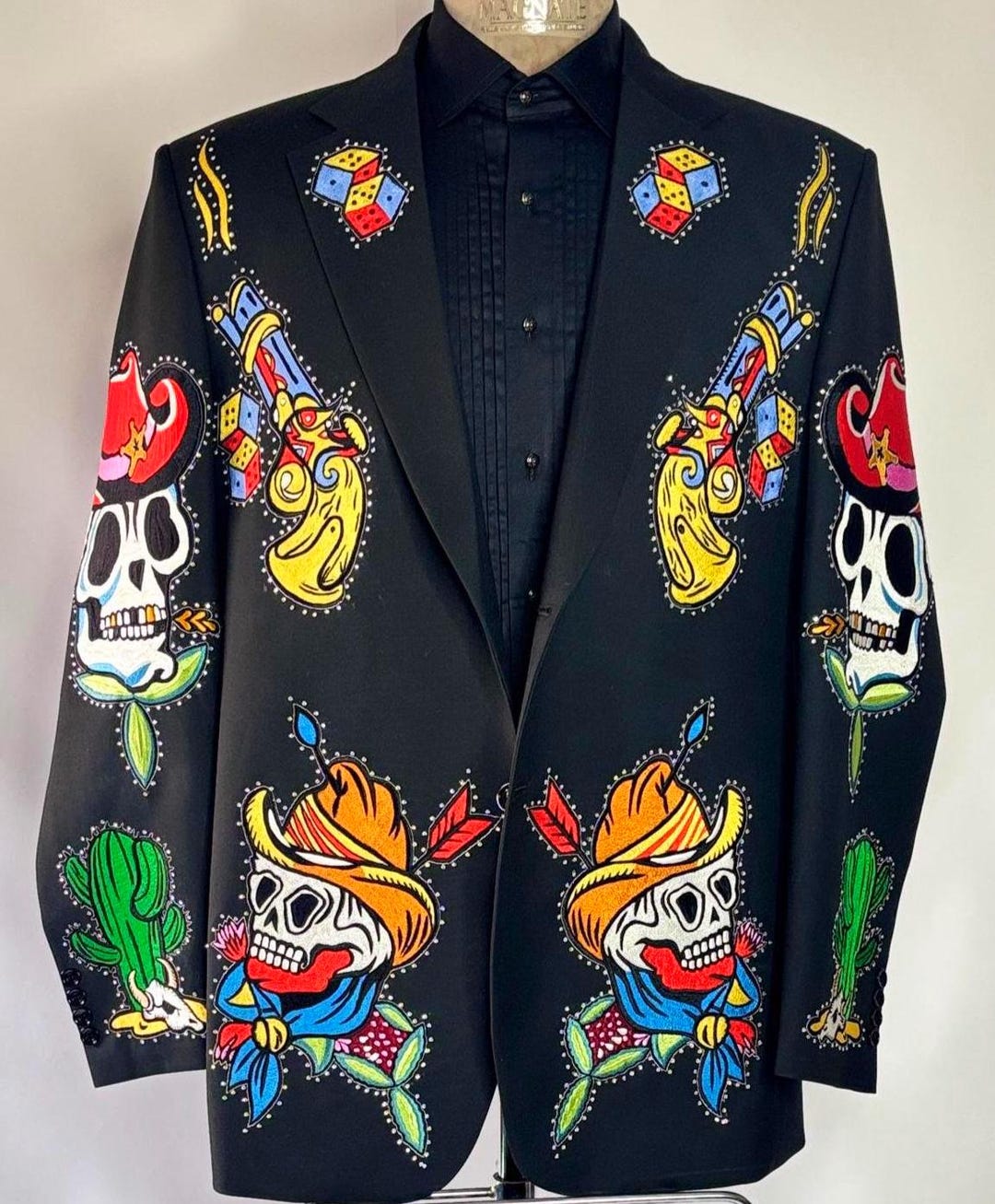 Men Bespoke Black 2 Piece Skeleton Gun Embroidered Men's Black 3pc ...