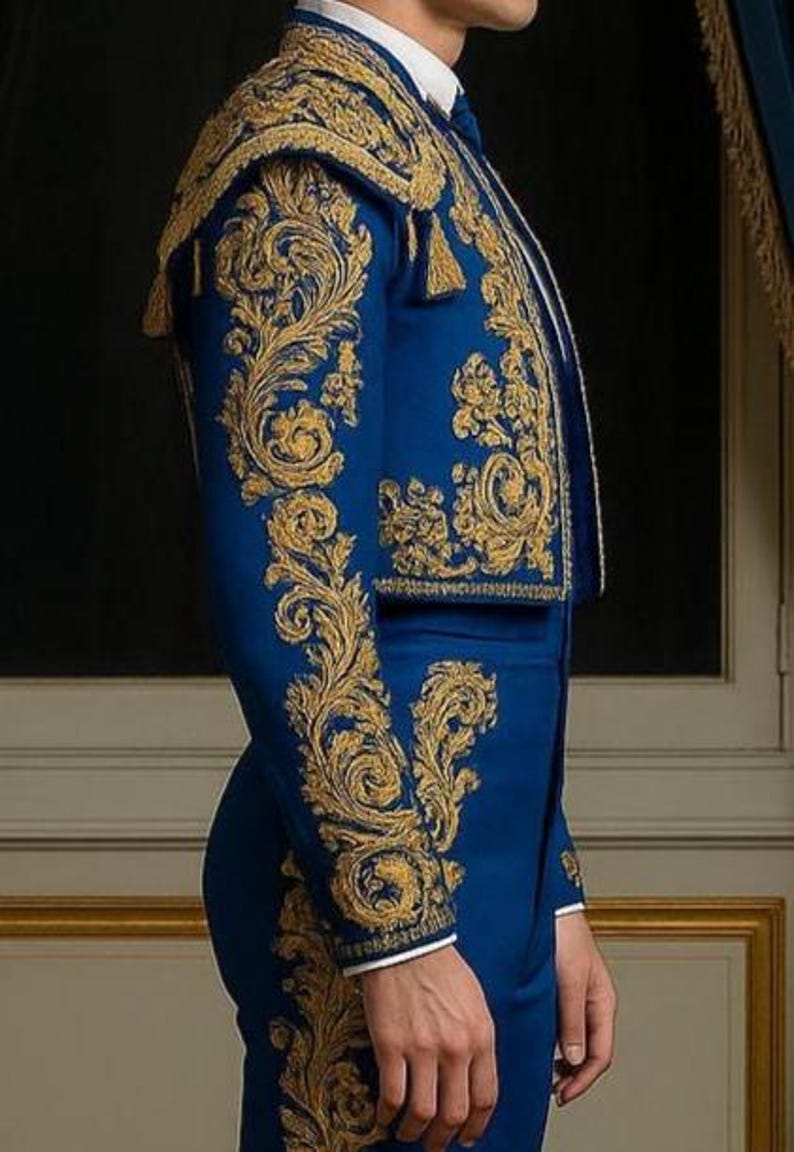 Men Blue 3-piece Matador Suit Custom Spanish Bullfighting Costume Gold ...