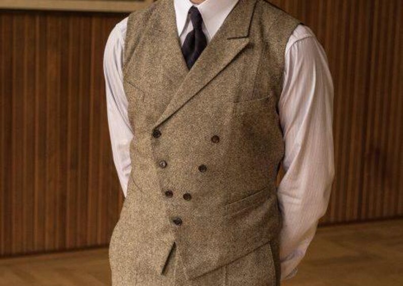 Customized Brown Wool Men Vintage Suit Double Breasted Vest & High ...