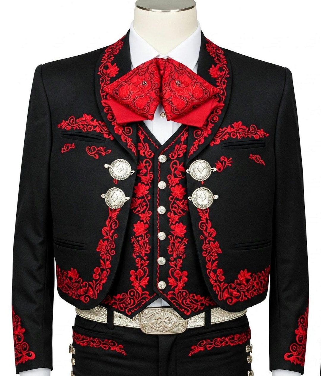 Men's Customized Black Floral Embroidered Mariachi 3-piece Charro Suit ...