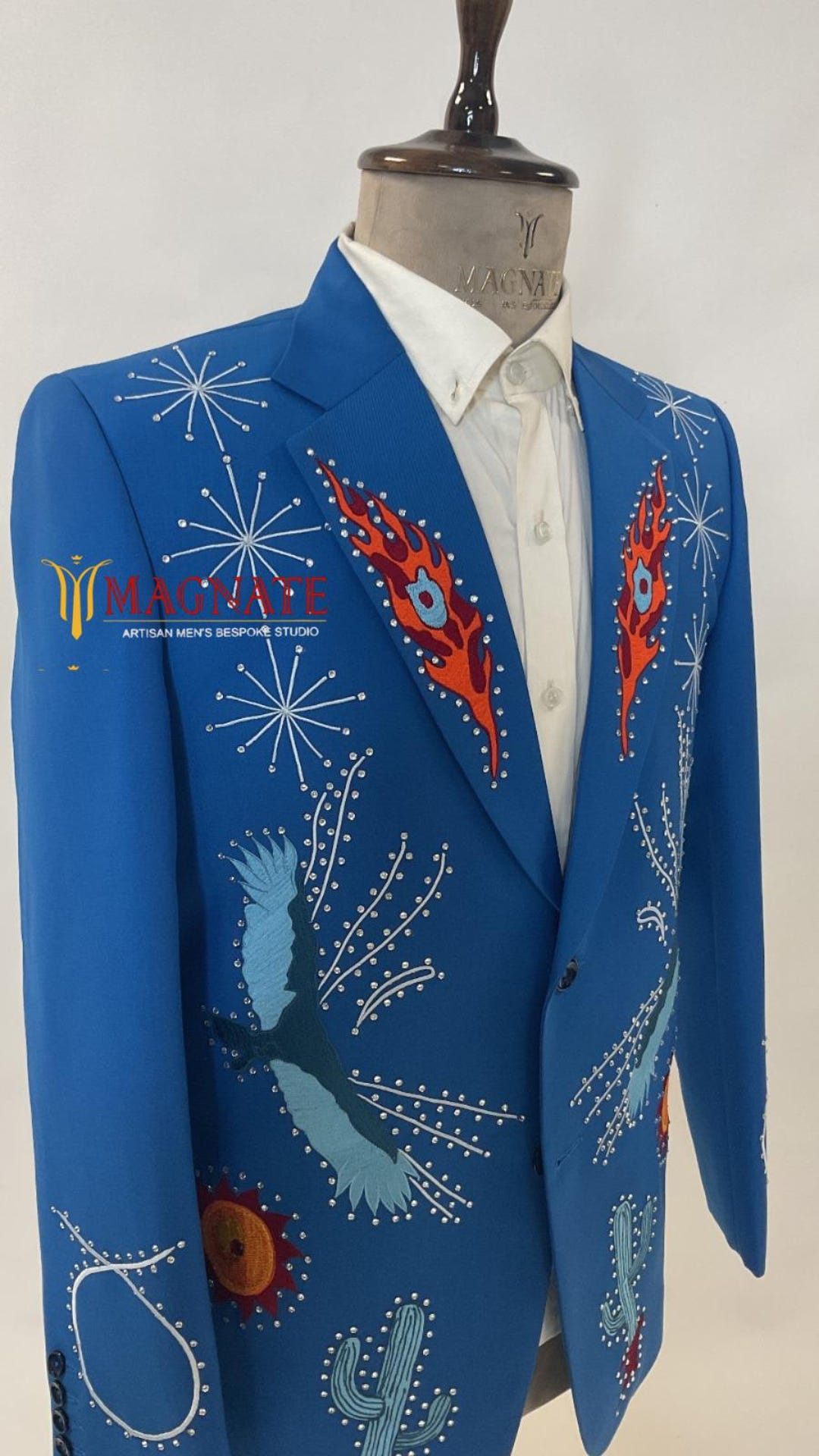 Men's Blue 2pc Western Suits Floral Embroidered Rhinestones Attire ...