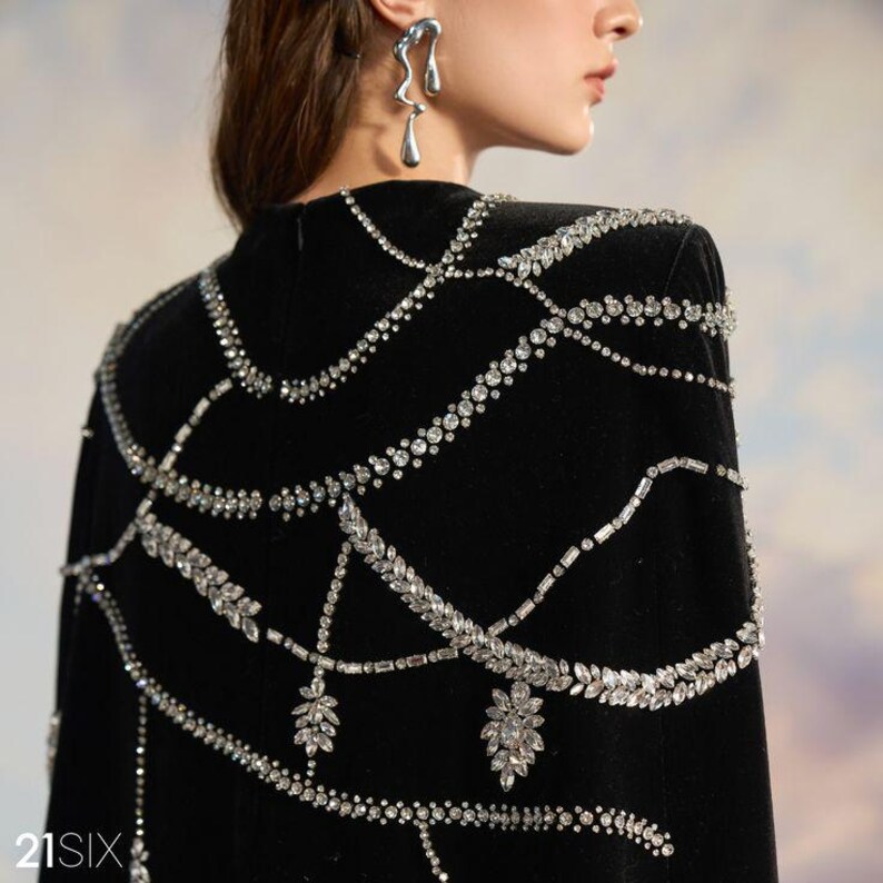 Black Custom Satin Cape Silver Stone Embellished Cape Dress Wedding ...