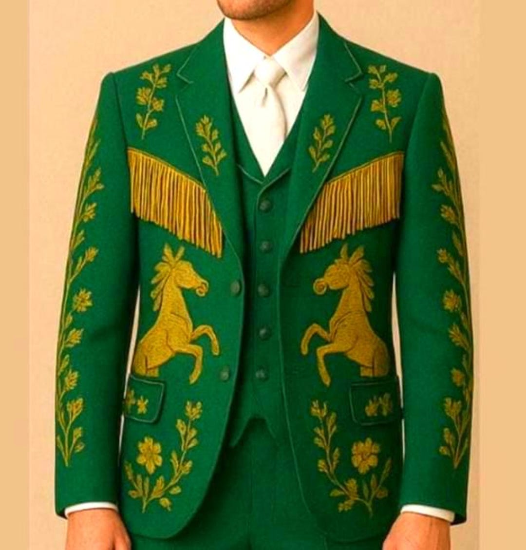 Men’s Custom Embroidered Western Pantsuit – Green 3-piece Set With ...