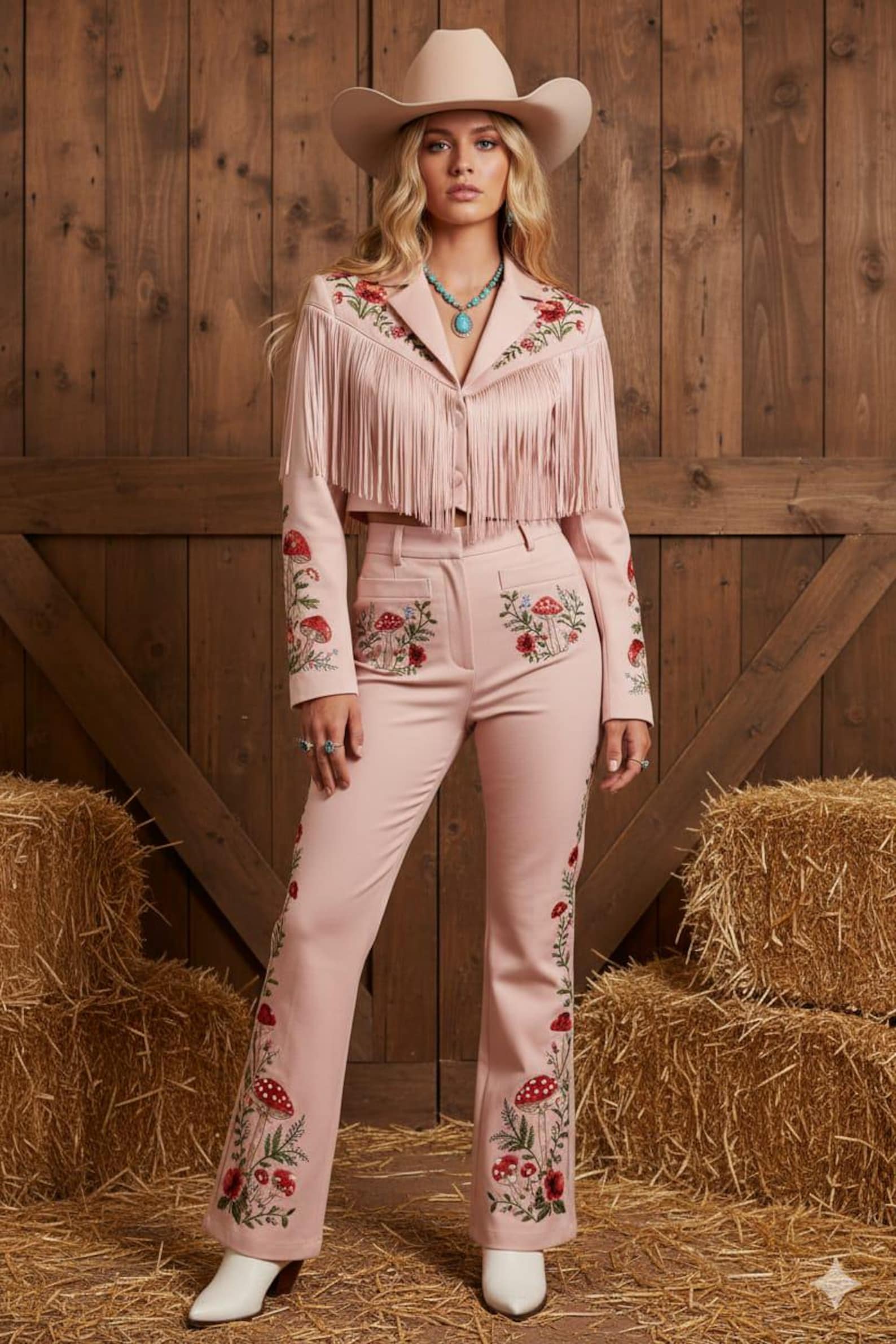 Women's Baby Pink Customized 2 Piece Multi Floral Embroidered Fringed ...