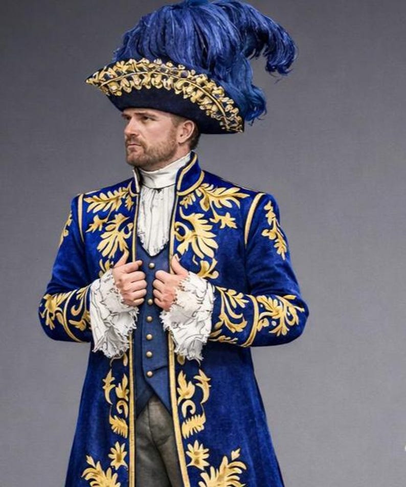 Men Customized Historical Sapphire Blue Velvet Long Coat Breeches 3pc ...