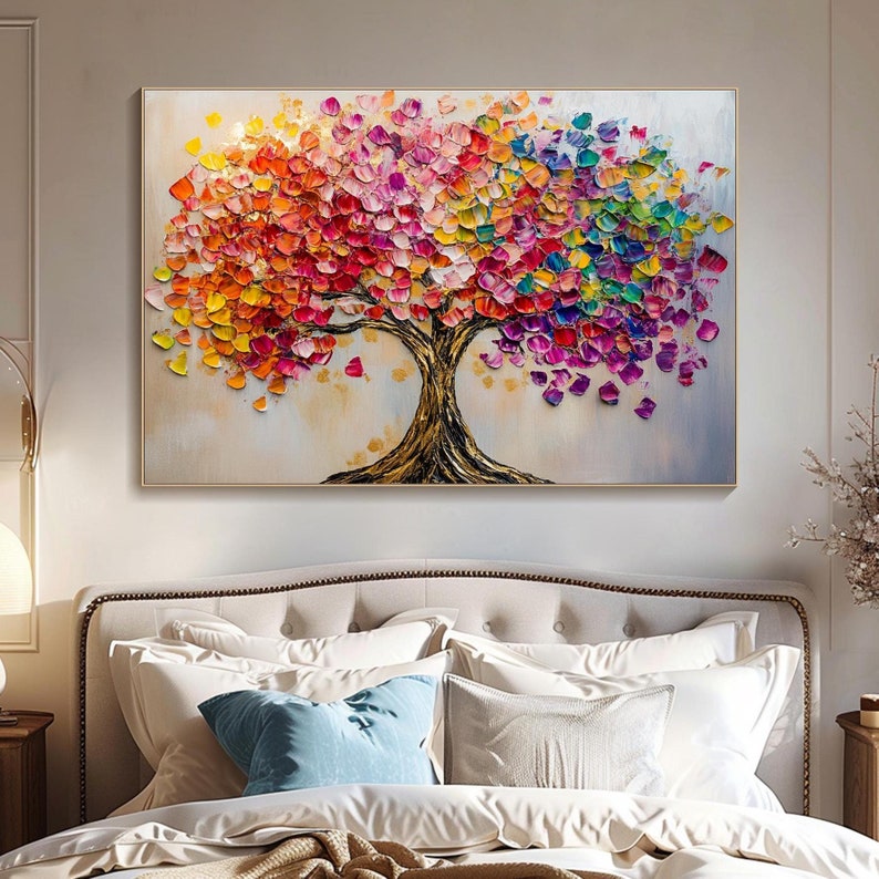 Colorful Abstract Tree Painting on Canvas 3D Textured Rainbow Petal ...