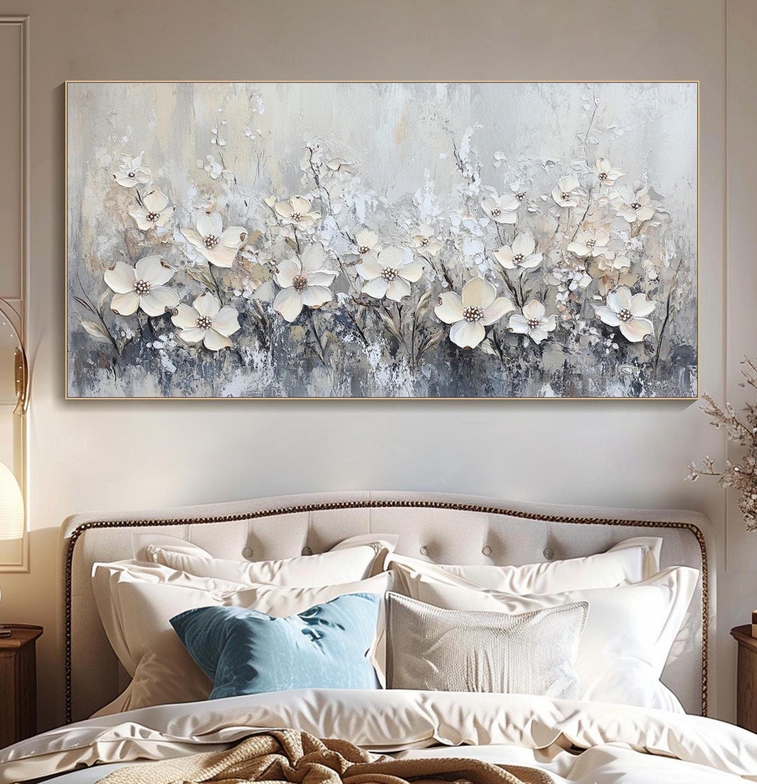 White Floral Painting on Canvas Impasto Flower Textured Wall Art Modern ...