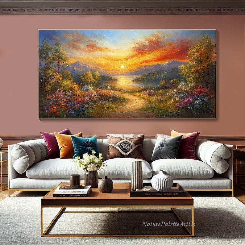 Sunset Lake Landscape Oil Painting on Canvas Vibrant Mountain Sunset ...