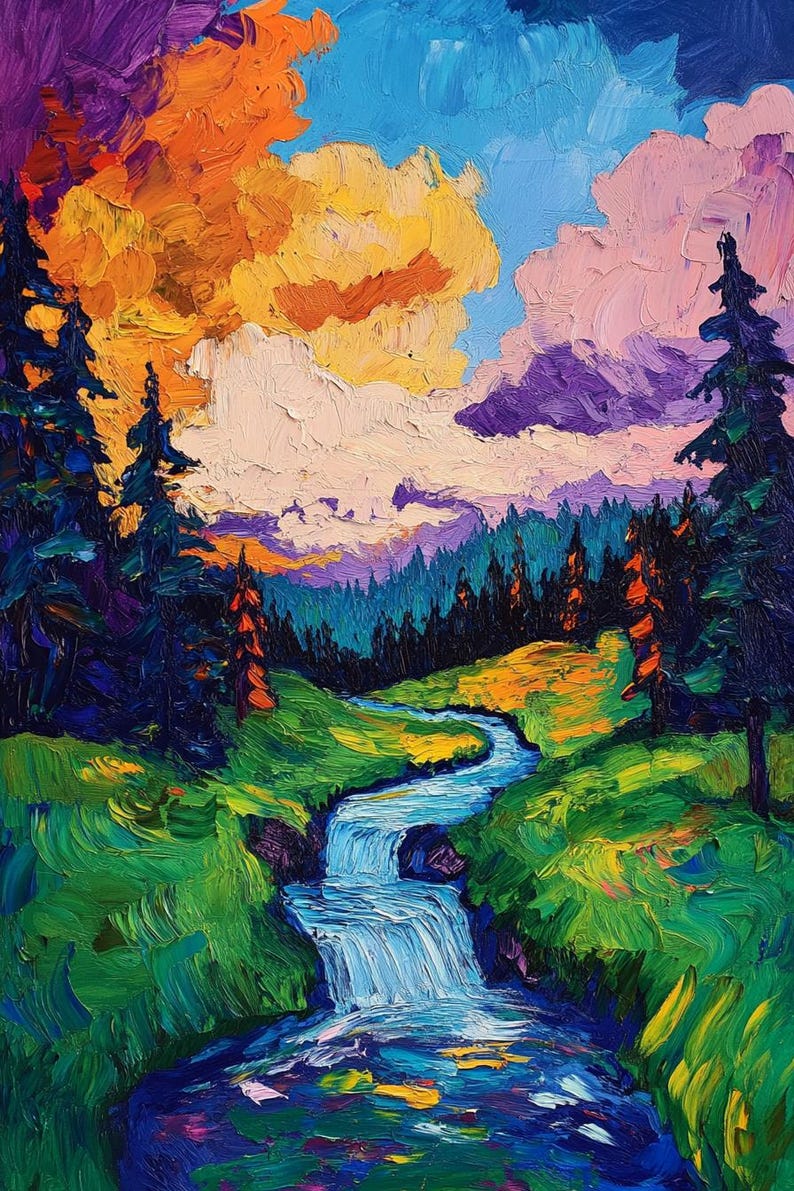 Colorful Waterfall Landscape Oil Painting Sunset Forest Canvas Art ...