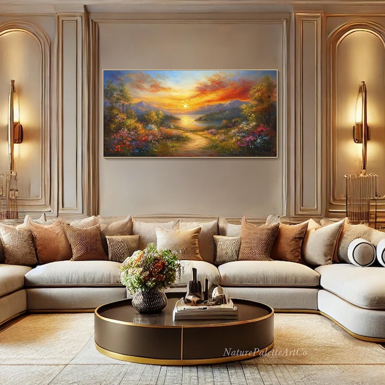 Sunset Lake Landscape Oil Painting on Canvas Vibrant Mountain Sunset ...