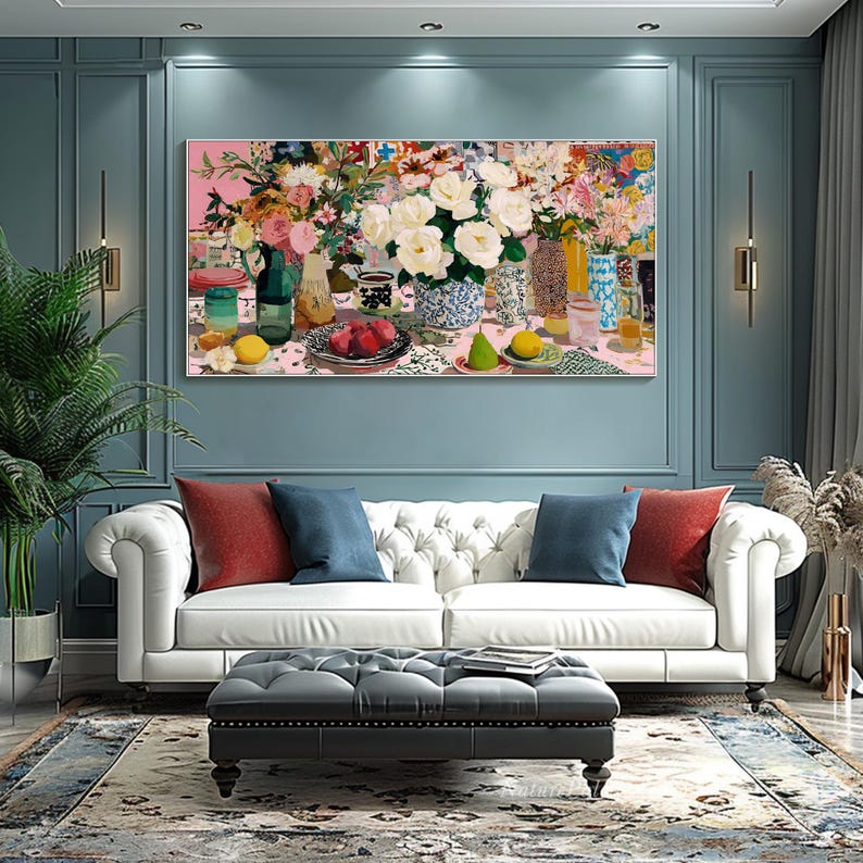 Vibrant Floral Still Life Texture Wall Art With Blooming Roses and ...