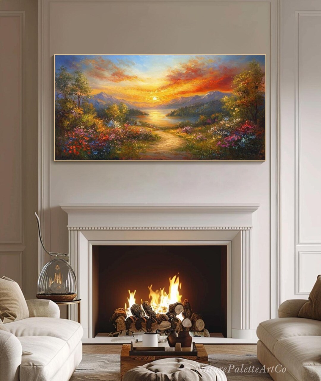 Sunset Lake Landscape Oil Painting on Canvas Vibrant Mountain Sunset ...