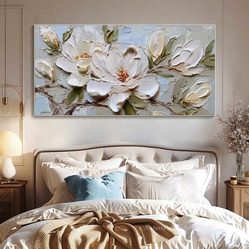 Magnolia Blossom Oil Painting on Canvas Neutral Floral Textured Wall ...