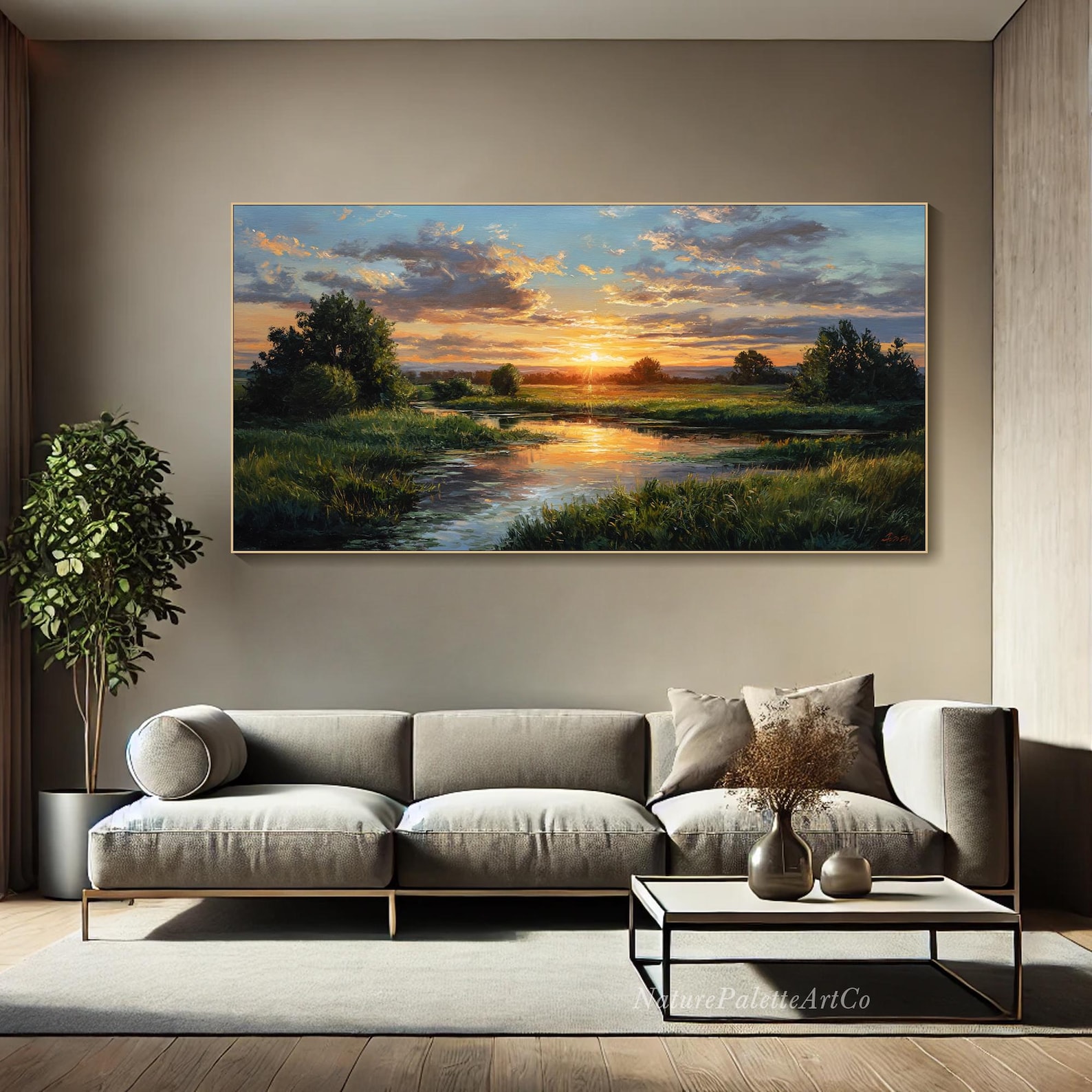 Sunset River Landscape Oil Painting on Canvas Evening Meadow Impasto ...