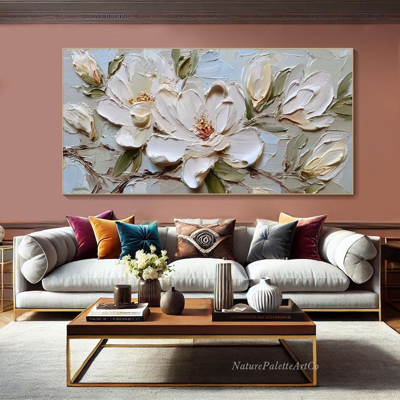 Magnolia Blossom Oil Painting on Canvas Neutral Floral Textured Wall ...