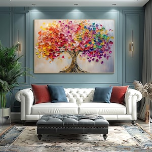 Colorful Abstract Tree Painting on Canvas 3D Textured Rainbow Petal ...