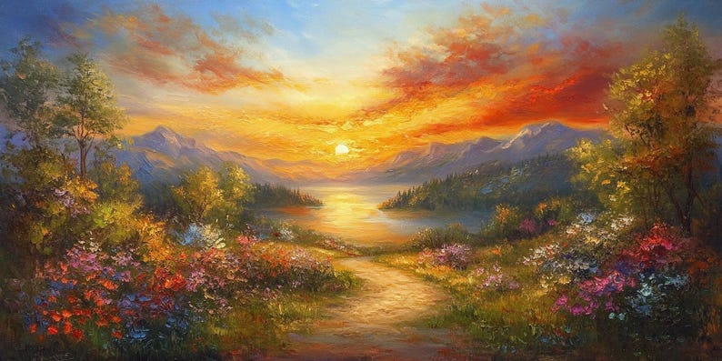 Sunset Lake Landscape Oil Painting on Canvas Vibrant Mountain Sunset ...
