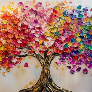 Colorful Abstract Tree Painting on Canvas 3D Textured Rainbow Petal ...