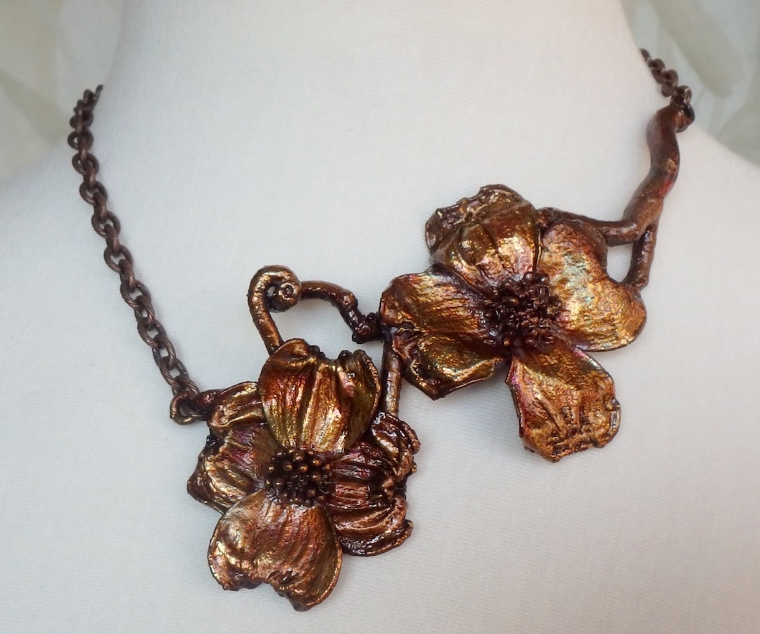 Copper Plated Real Dogwood Flowers Metal Necklace, Electroformed ...