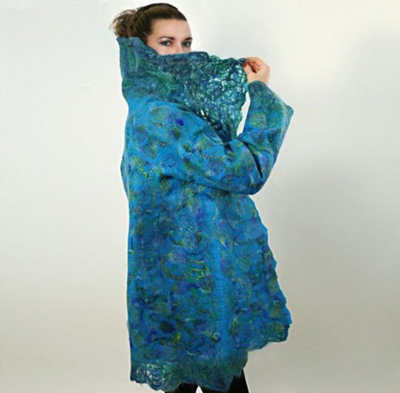 Felted Women Wool Coat Turquoise Multicolored Jacket PEACOCK - Etsy