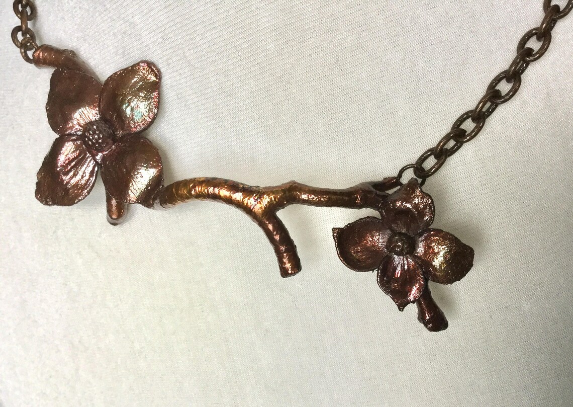 Copper Plated Dogwood Flowers Metal Necklace, Electroformed Flowers ...