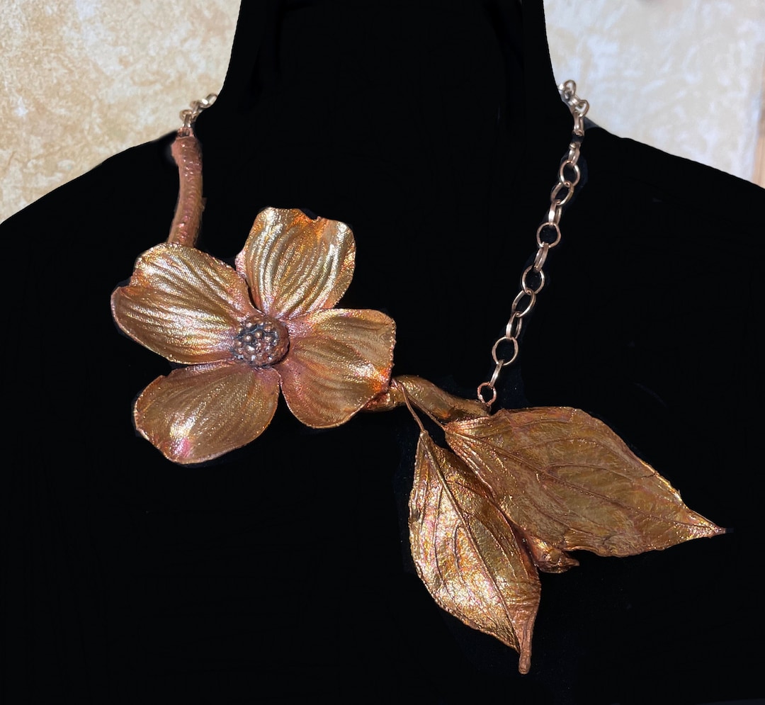 Copper Plated Real Dogwood Flower Metal Necklace, Electroformed Flowers ...